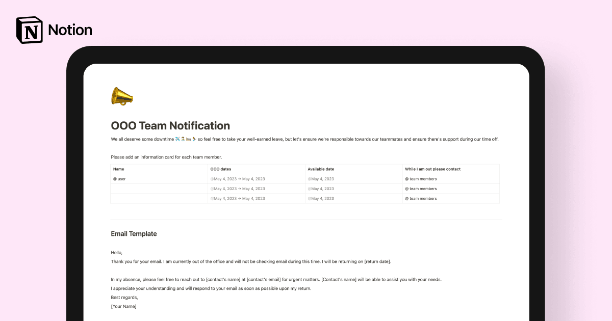 OOO Team Notification Template – Notion Template for Startups & Product ...