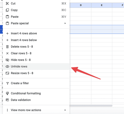 How to Unhide Rows in Google sheets