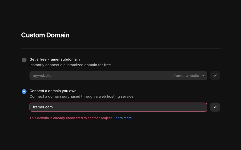 How to solve “This domain is already connected to another project”? — Framer Help
