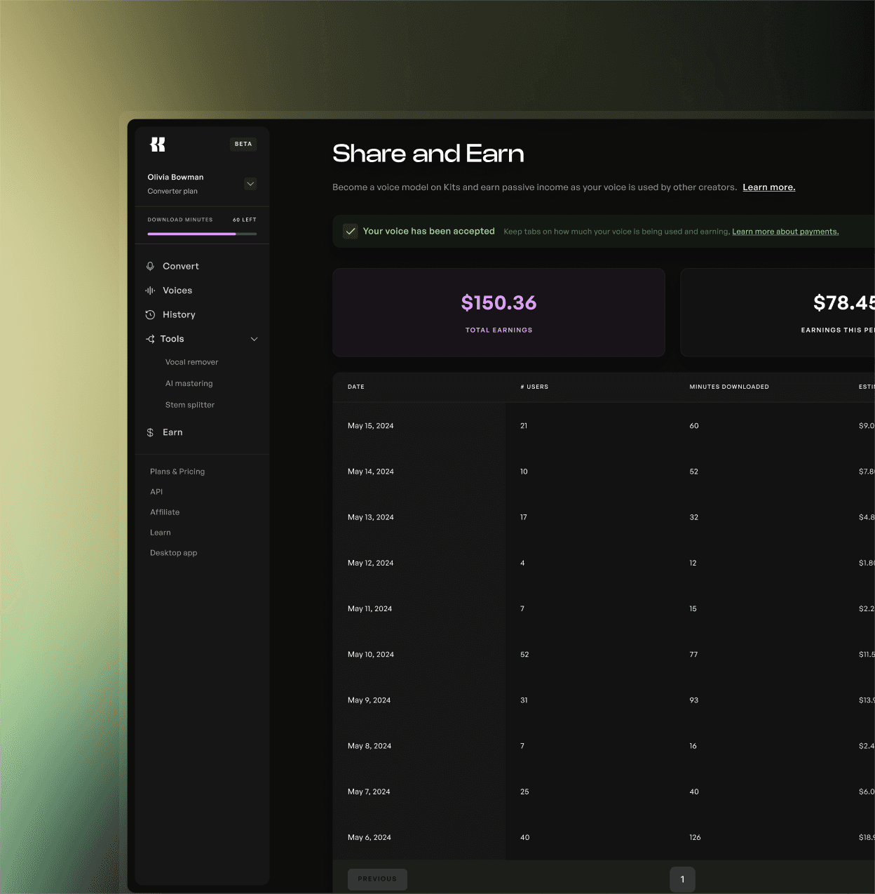 Kits Earn: Monetize Your Voice with AI