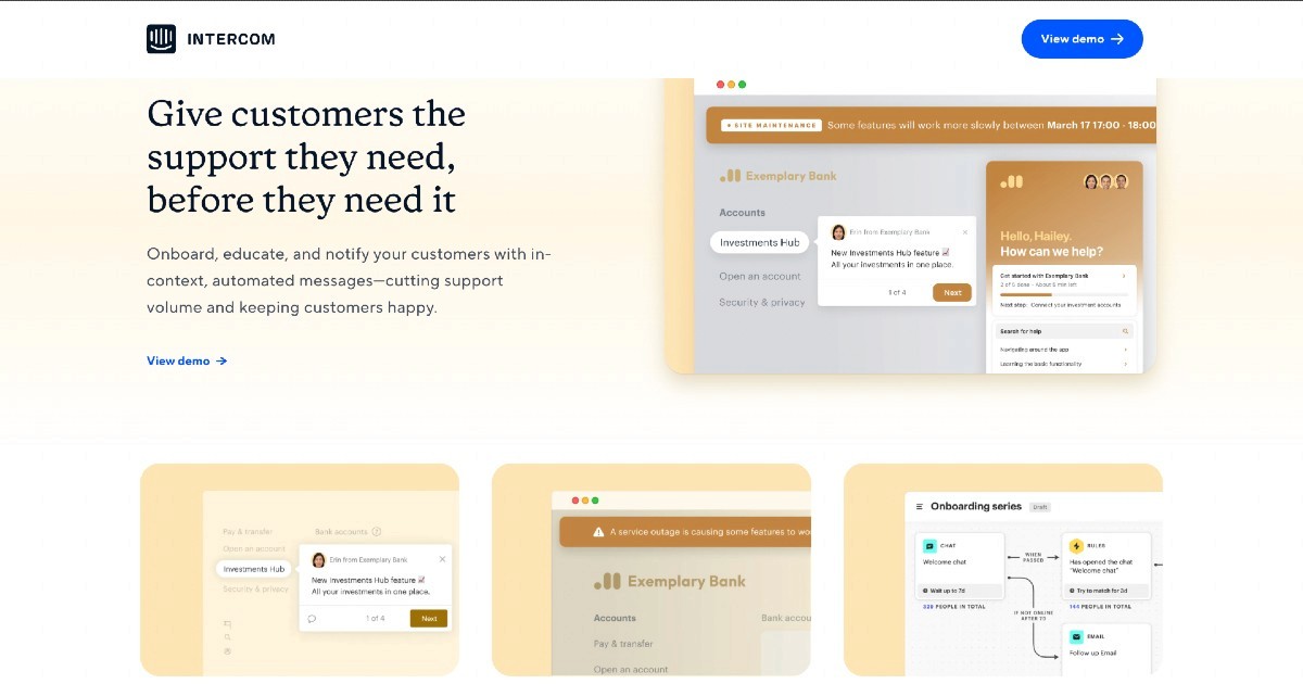 SaaS Landing Page Example: Features with Intercom