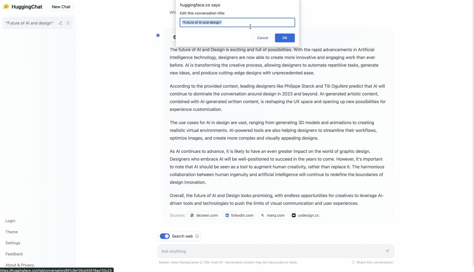Hugging Face Chatbot (LLama) - Conversational AI-UX Interaction