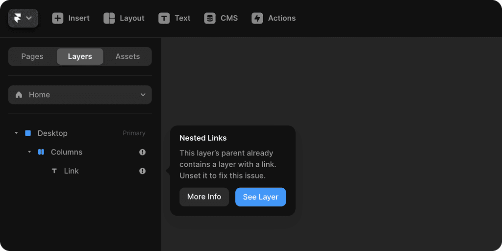How to fix nested links optimization warning — Framer Help